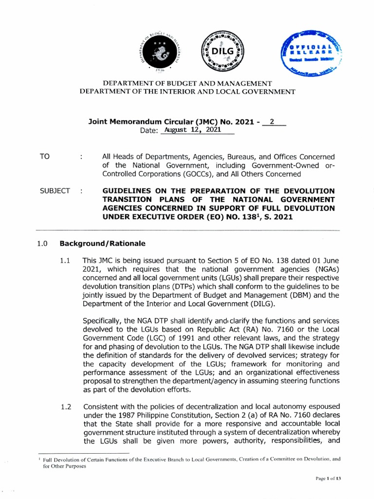 Joint Memorandum Circular (JMC) No. 2021 | PDF | Devolution | Capacity Building