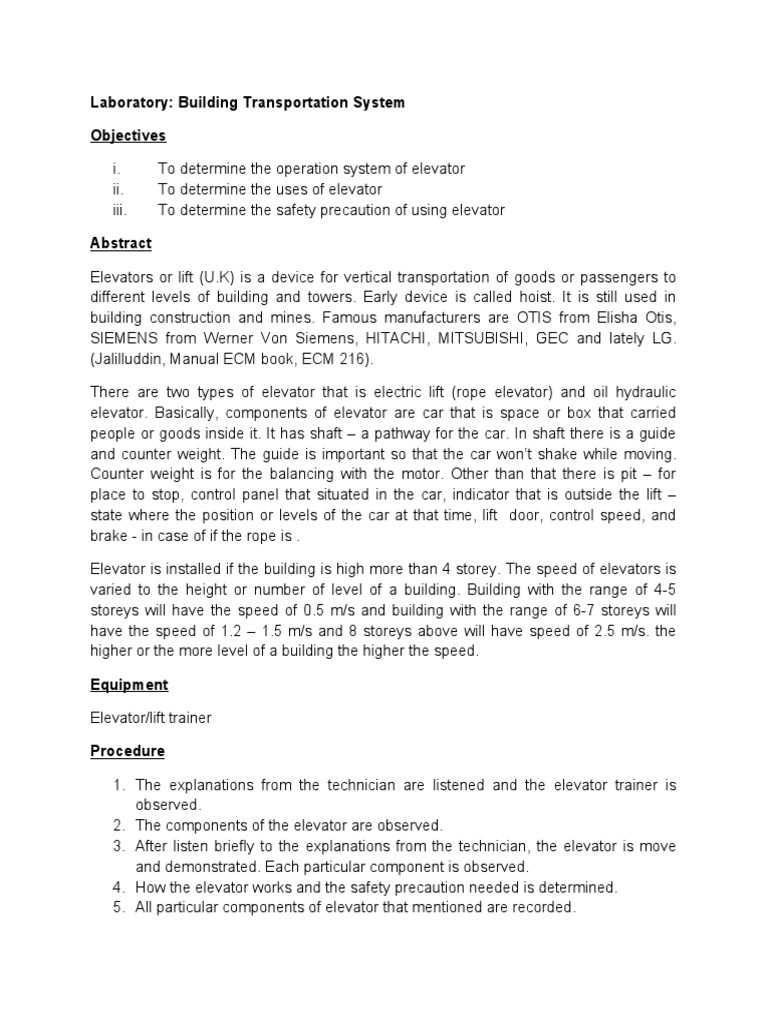Understanding Elevator Operations and Safety: A Hands-On Laboratory ...