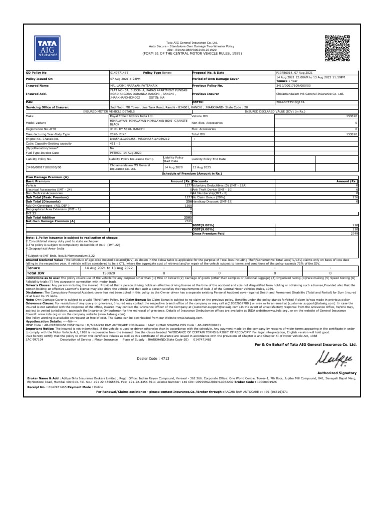 (Form 51 of The Central Motor Vehicle Rules, 1989) : Tenure Total IDV ...