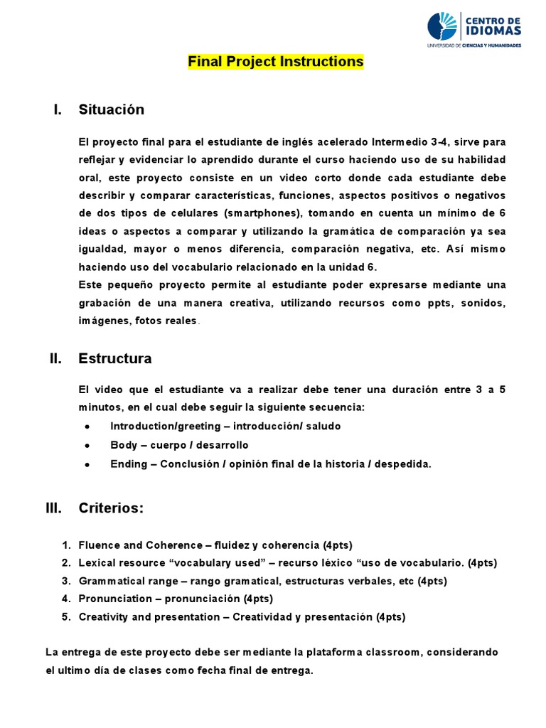 Final Project Instructions - Intermediate 3 - 4 | PDF