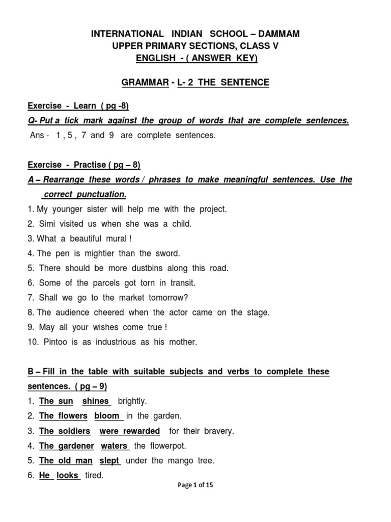Answer Key of Grammar The Sentence and Course Book Exercies 5 April ...