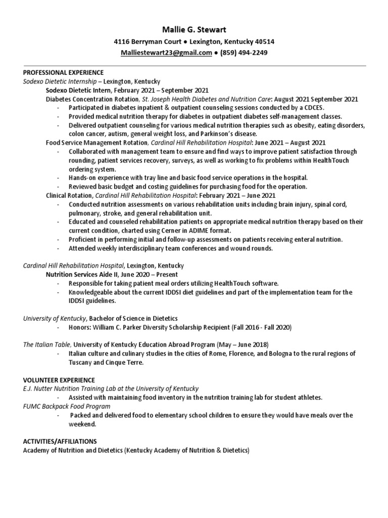 Mallie Stewart Resume 2021 | PDF | Dietitian | Physical Therapy