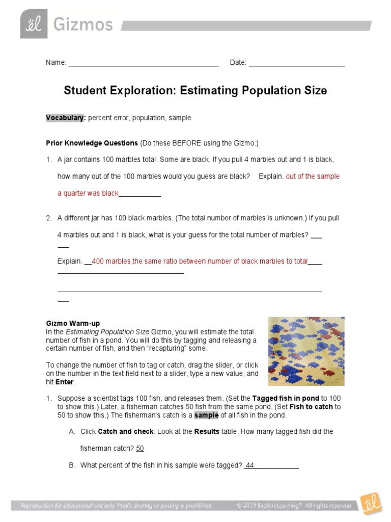 Student Exploration: Estimating Population Size: Vocabulary: Percent ...