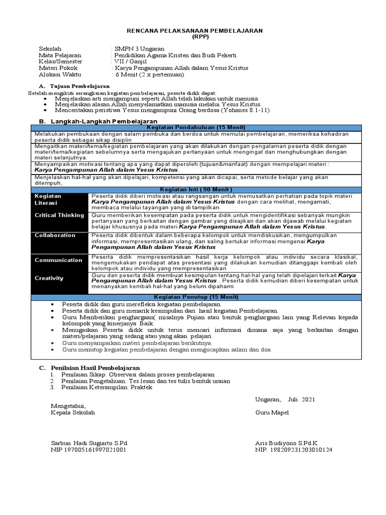 2 - RPP 1 Lembar PAK Kelas 7 Semester 1 | PDF