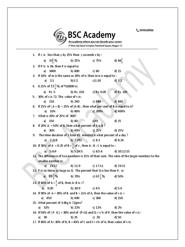 Percentage Questions Set 01 | PDF | Percentage | Elections