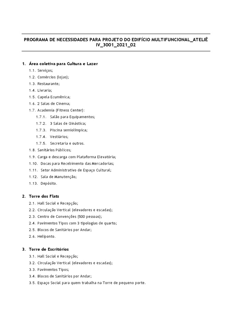 Programa de Necessidades para Projeto Do Edifício Multifuncional ...