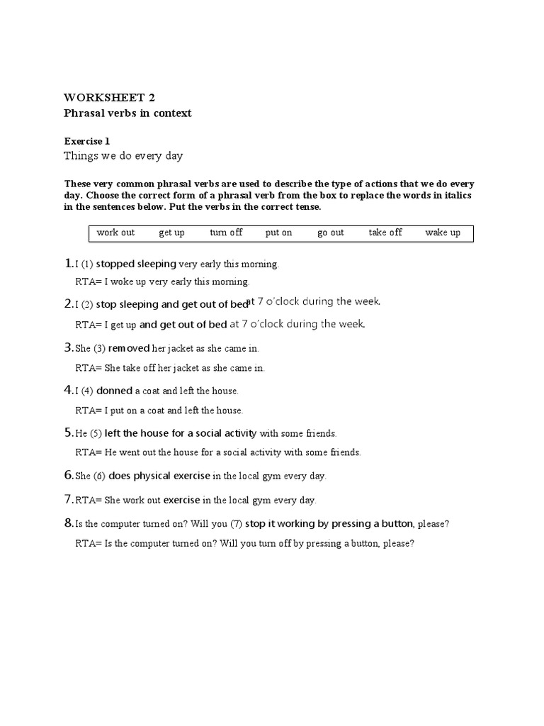 Worksheet 2 Phrasal Verbs in Context: Things We Do Every Day | PDF ...