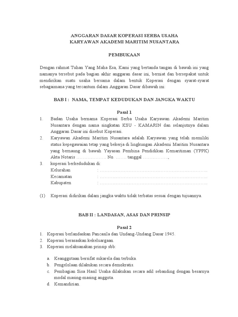 Anggaran Dasar Koperasi Karyawan AMN | PDF