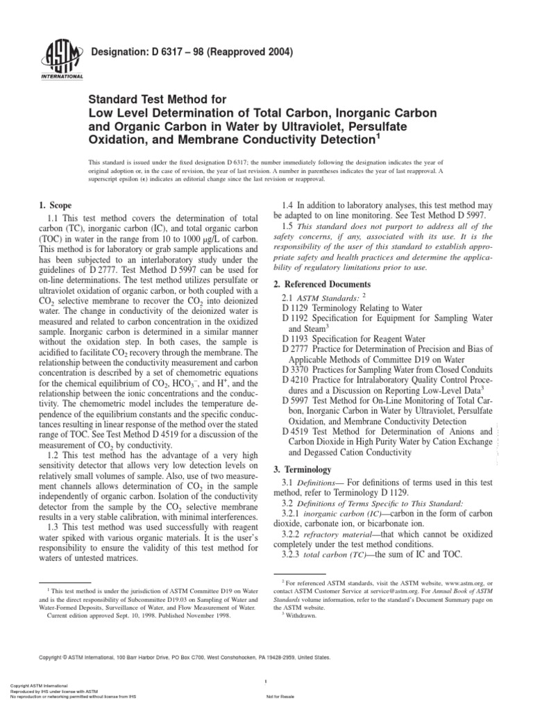 Astm D6317 - 2000 | PDF | Total Organic Carbon | Chemistry