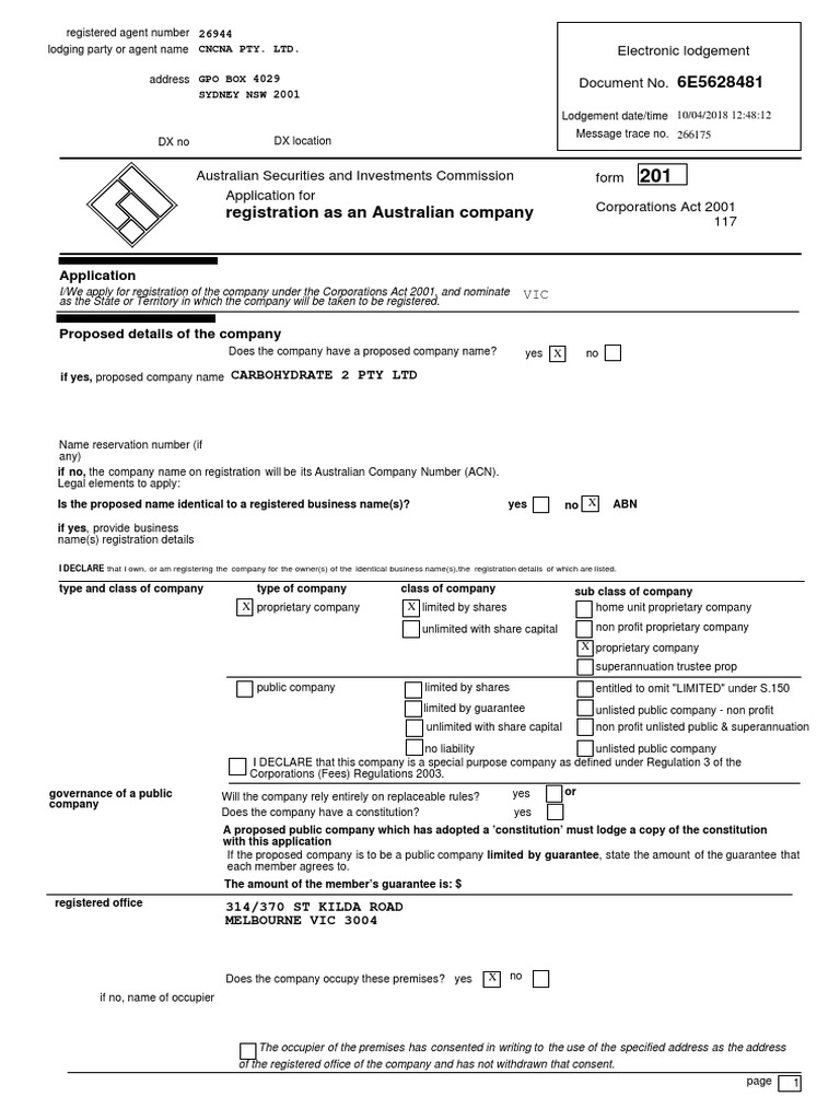 Application for Registration as an Australian Proprietary Company ...