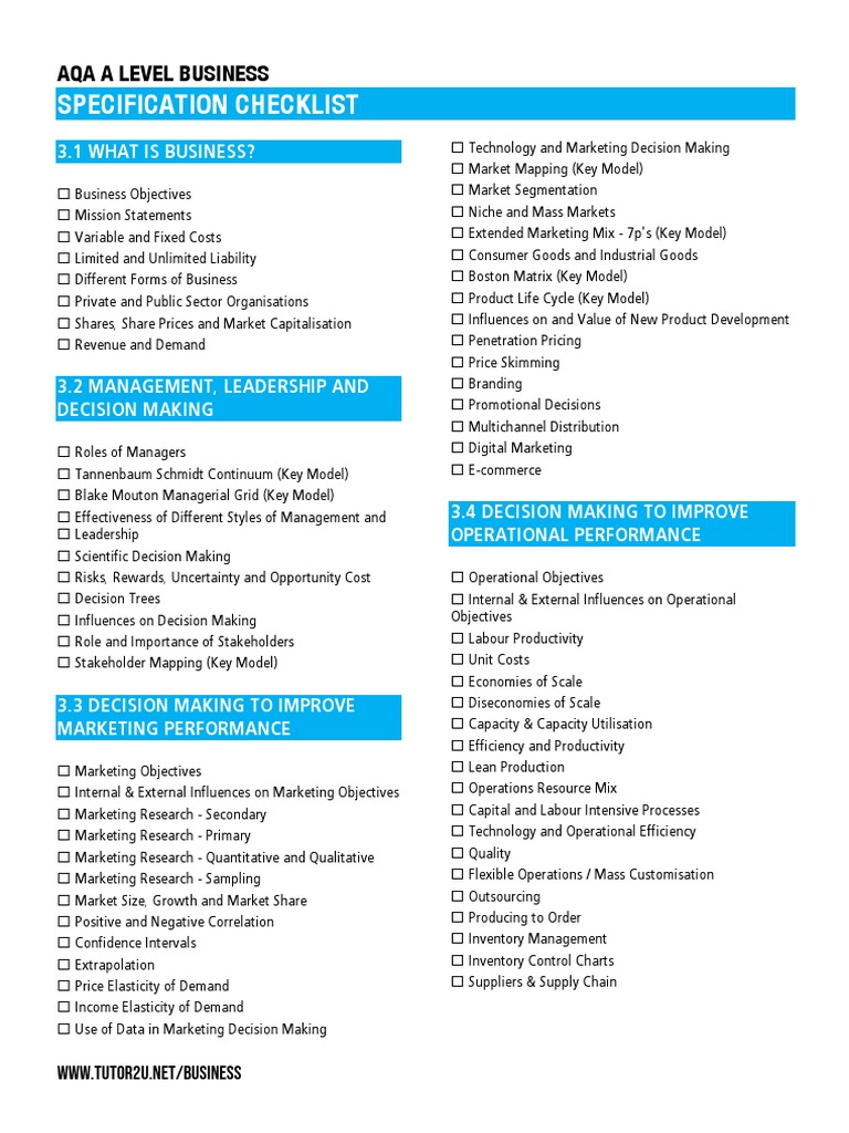 Specification Checklist: Aqa A Level Business | PDF | Marketing ...