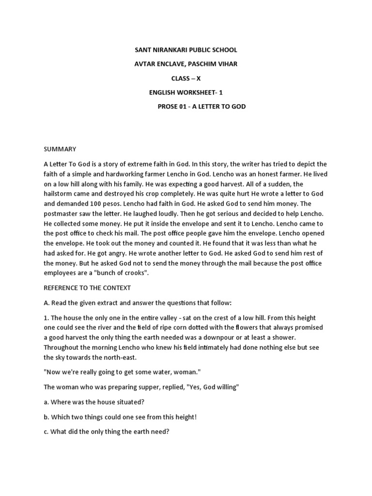 A Letter To God - Worksheet 1 | PDF