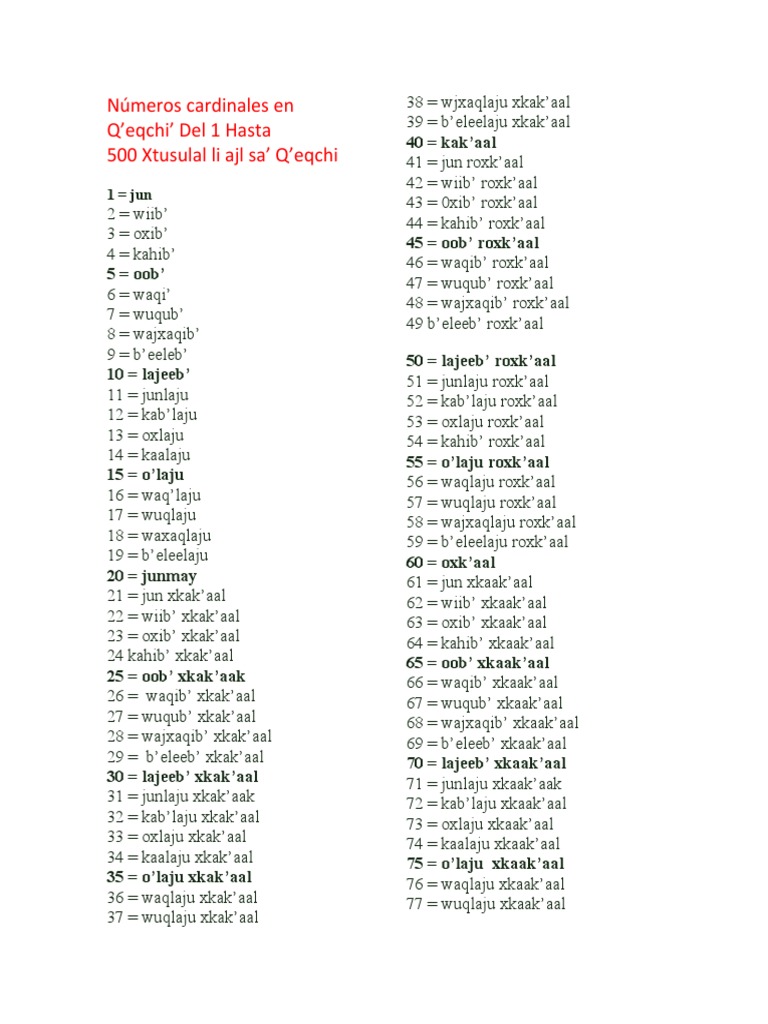 Números Cardinales en QEQCHI 1 A 500 | PDF