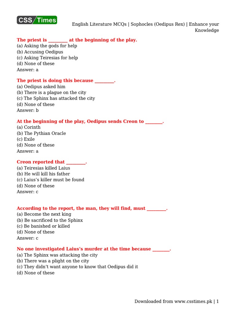Oedipus Rex: Key MCQs and Insights | PDF | Sophocles | Oedipus