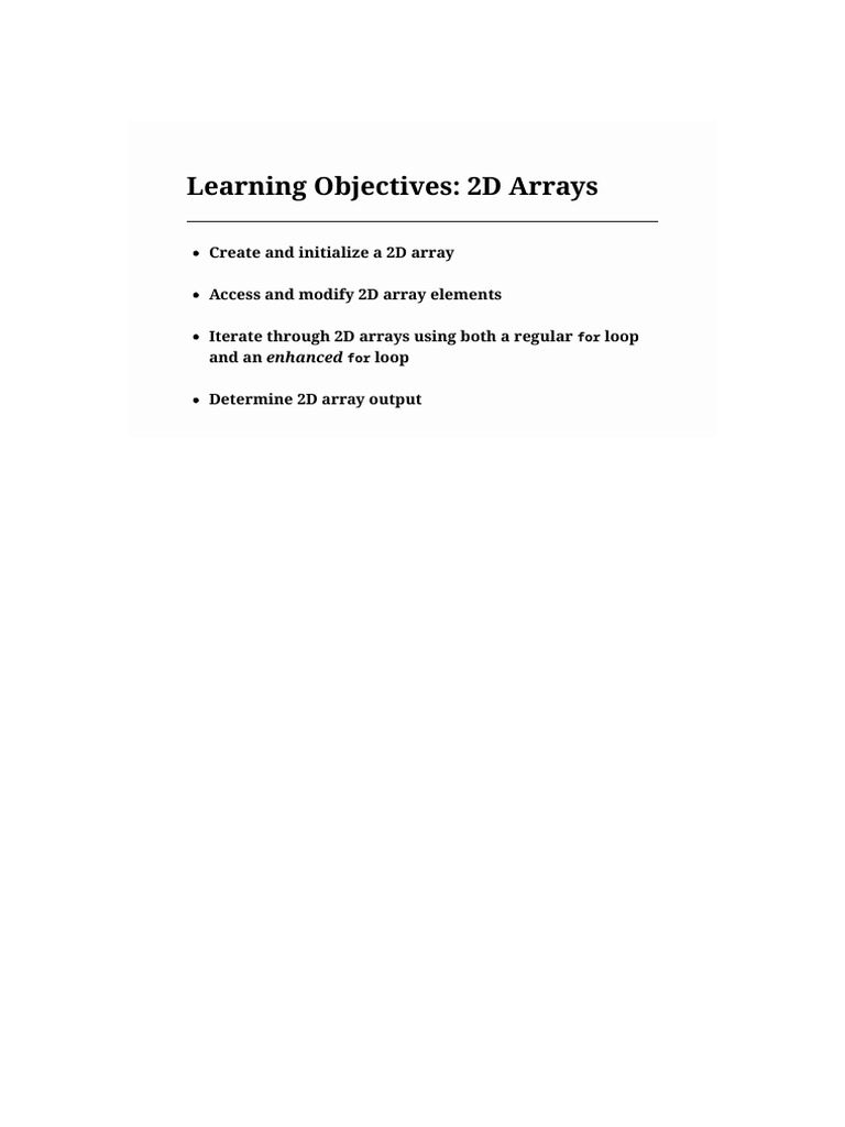 Learning Objectives 2d Arrays Create And Initialize A 2d Array Pdf Array Data Structure 0473