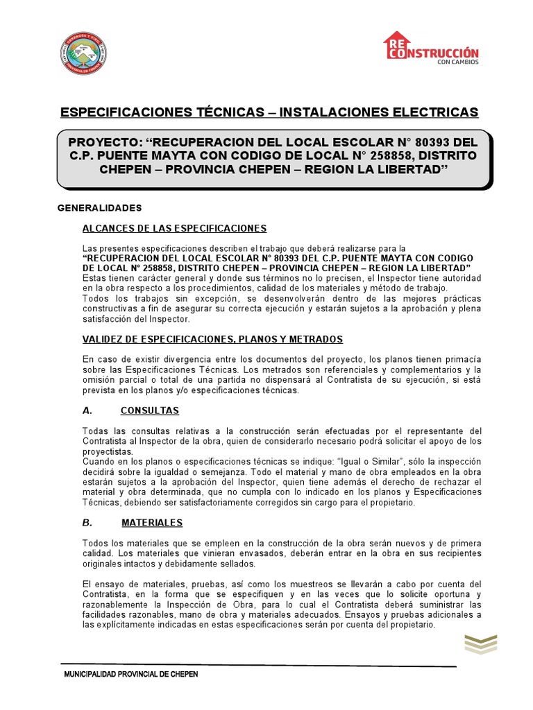 E. Especificaciones Eléctricas | PDF | Enchufes y tomas de corriente alterna | Tubería ...
