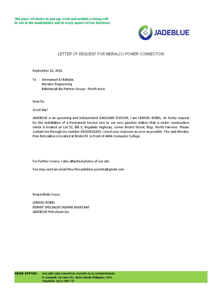 Meralco Connection Request for Jadeblue Gas Station | PDF | Technology ...