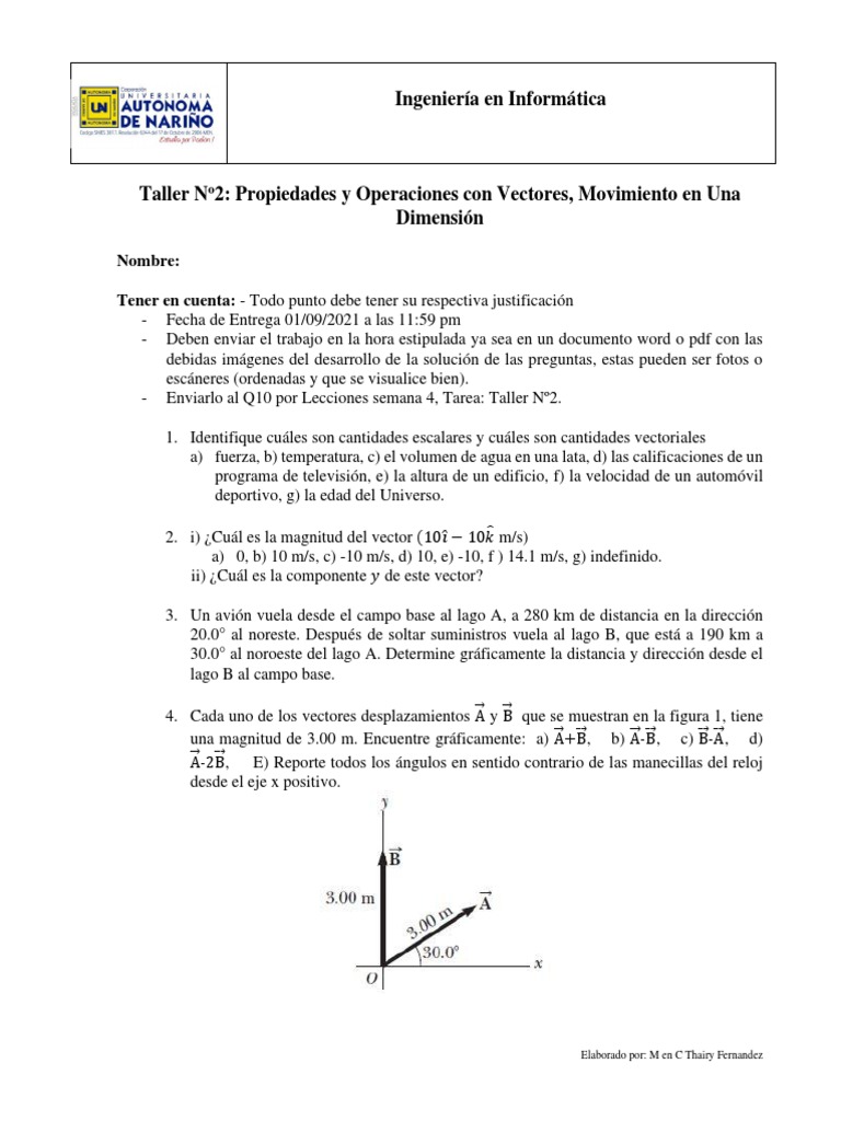 Taller No2 Propiedades y Operaciones Con Vectores Movimiento en Una Dimension | Download grátis ...