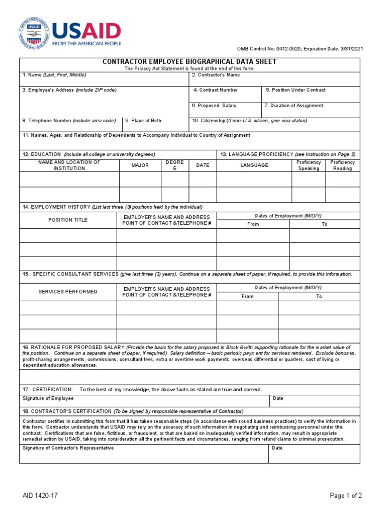 Contractor Employee Biographical Data Sheet: The Privacy Act Statement ...