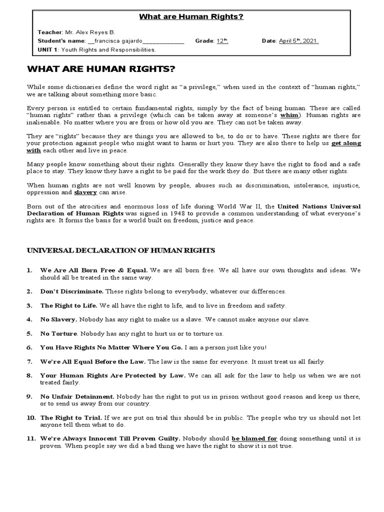 Guía Inglés-4to Medio-Human Rights-Unidad1-2021-Francisca Gajardo | PDF ...