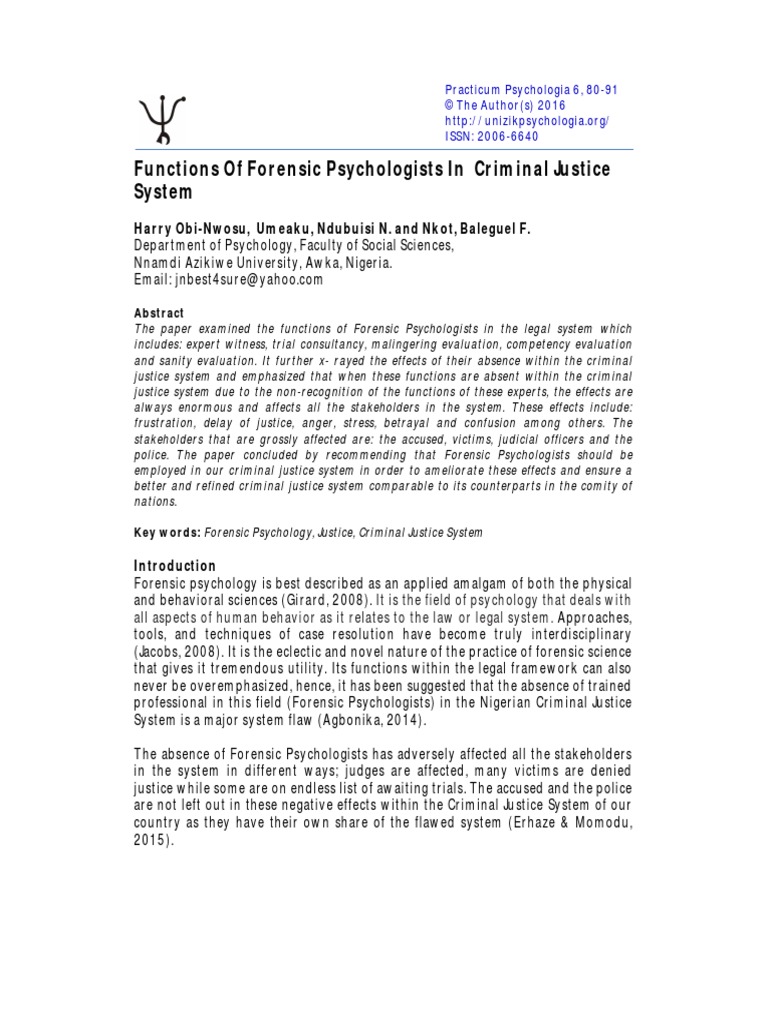 Functions of Forensic Psychologists in Criminal Justice System | PDF ...