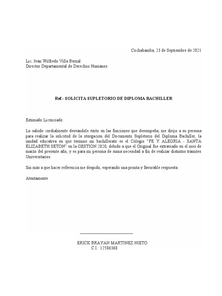 Carta Solicita Supletorio Brayan | PDF