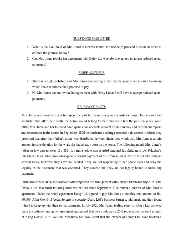 Anna Ahmed - Writing Sample - Legal Memo | PDF | Consideration | Estoppel