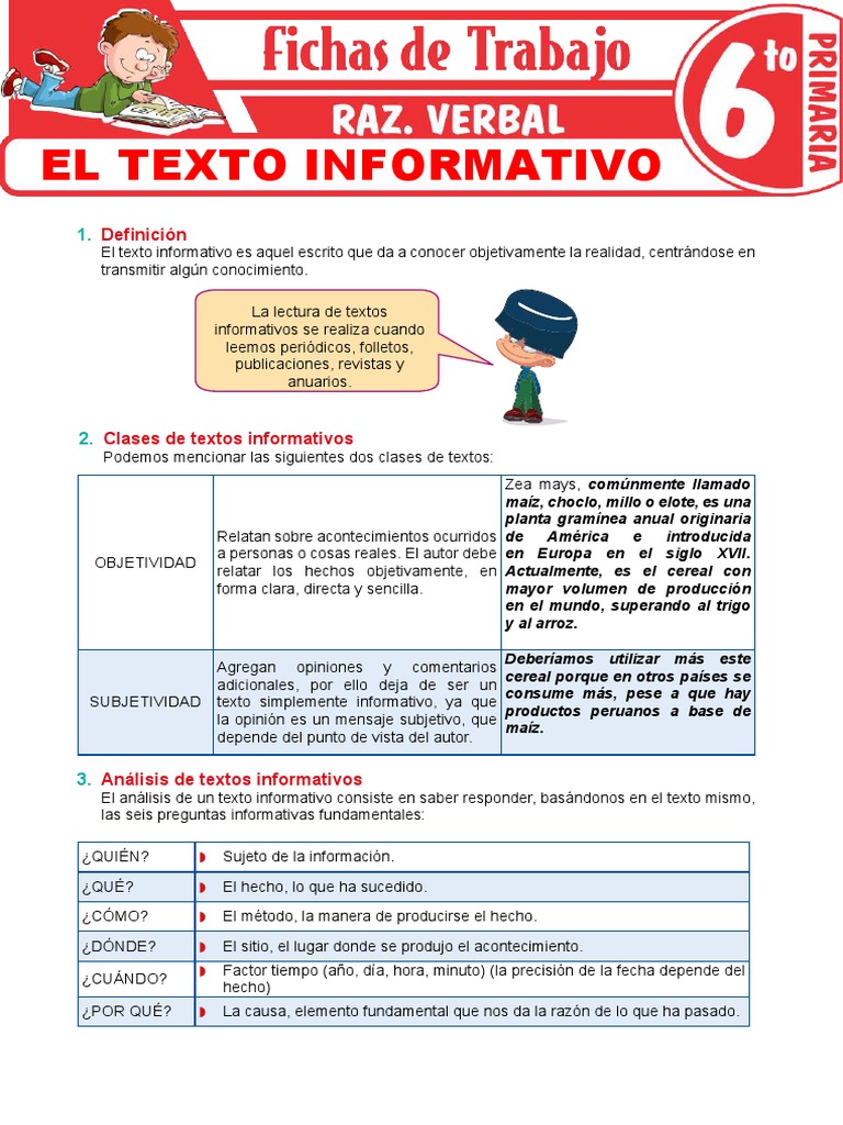 Definición y Clases de Textos Informativos para Sexto Grado de Primaria ...