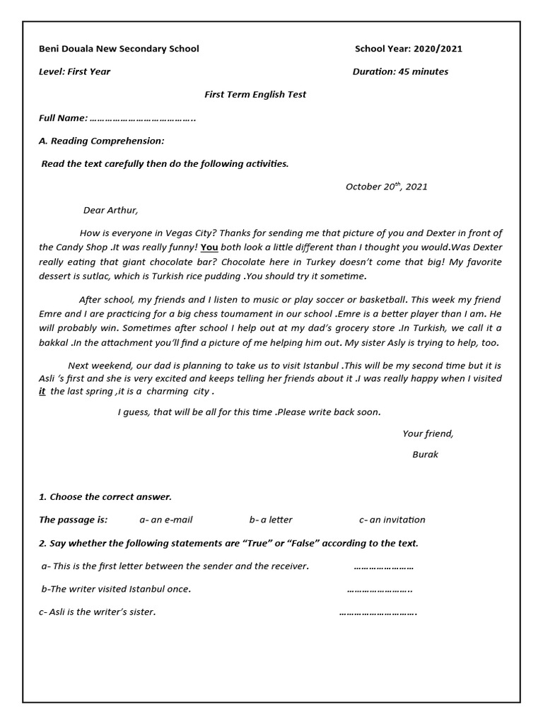 First Term Test. 1AS | PDF