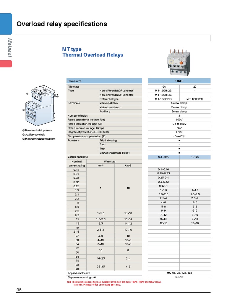 Overload Relay Specifications: MT Type Thermal Overload Relays | PDF ...