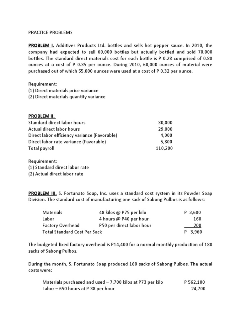Variance Analysis (Practice Problems) | PDF | Variance | Management ...