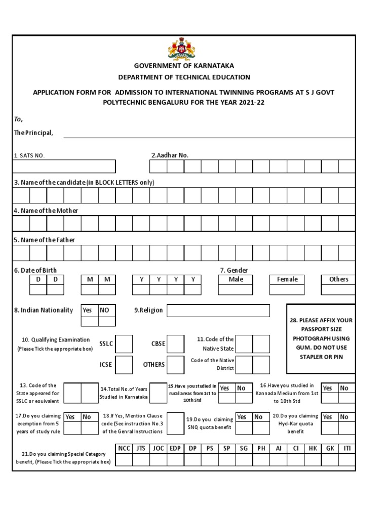 Application Form For Admission To International Twinning Diploma ...