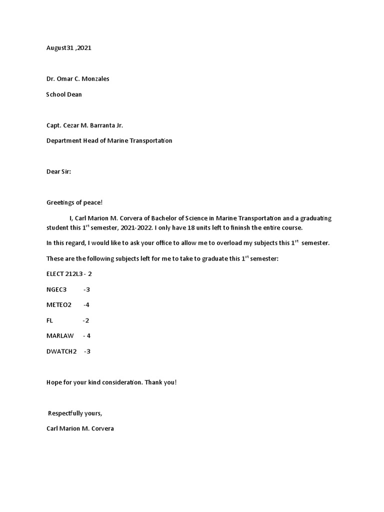 Petition Letter For Subject Overload | PDF