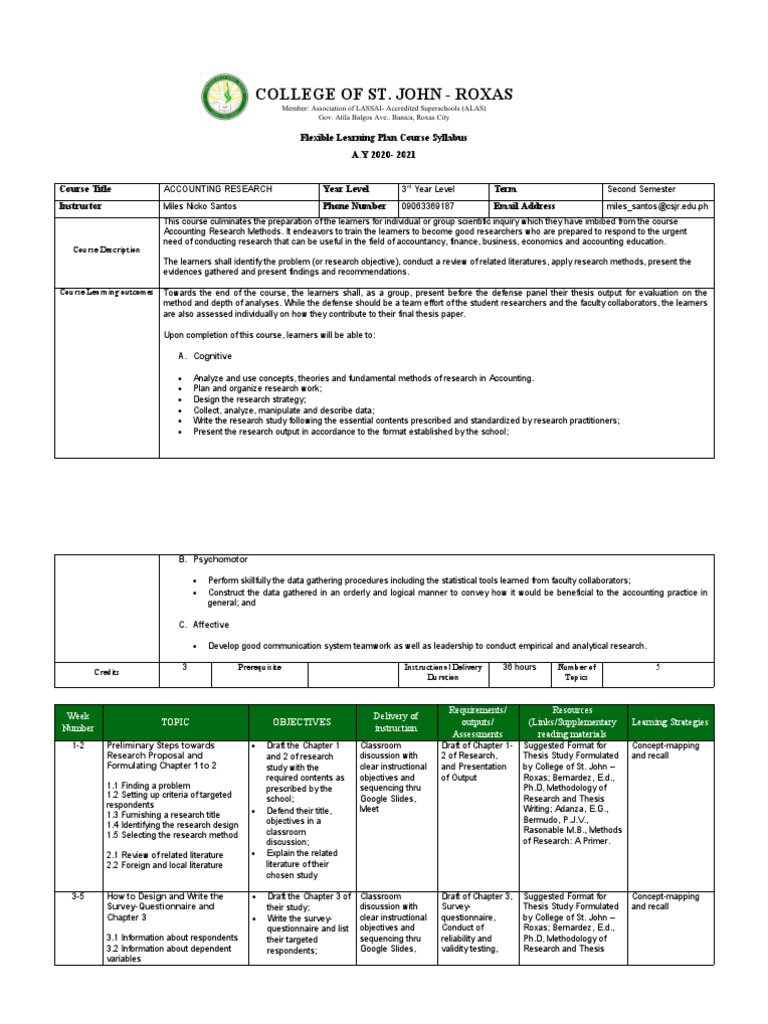 College of St. John - Roxas: Flexible Learning Plan Course Syllabus A.Y 2020-2021 | PDF | Survey ...