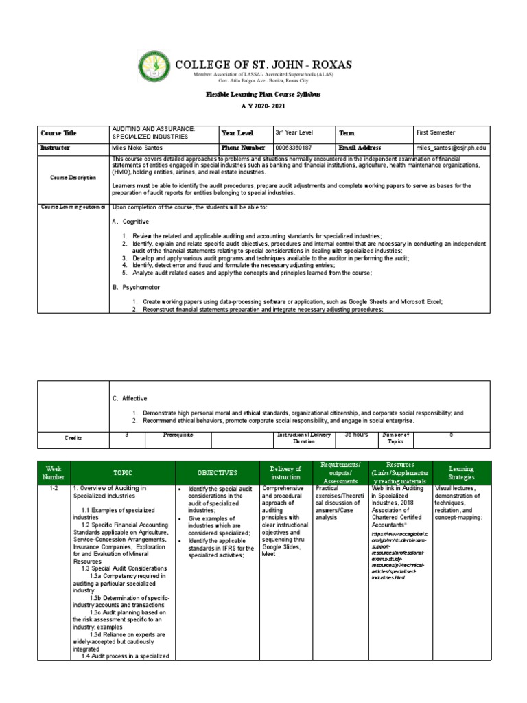 College of St. John - Roxas: Flexible Learning Plan Course Syllabus A.Y 2020-2021 | PDF | Audit ...