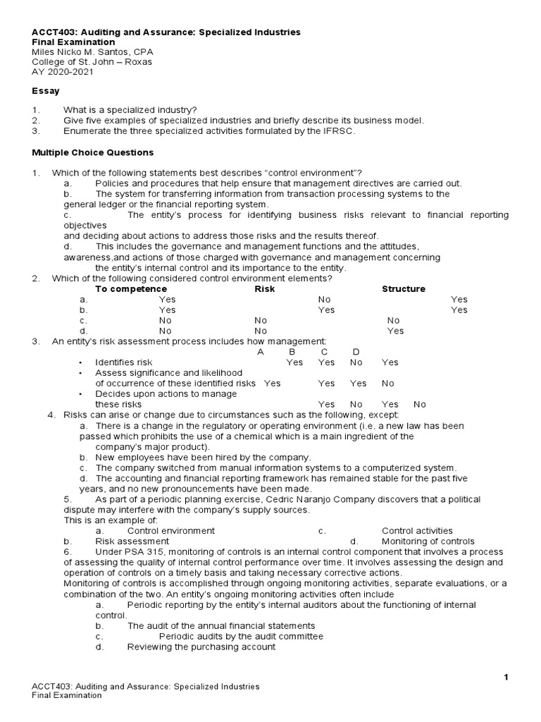 ACCT403: Auditing and Assurance: Specialized Industries Final Examination | PDF | Internal ...