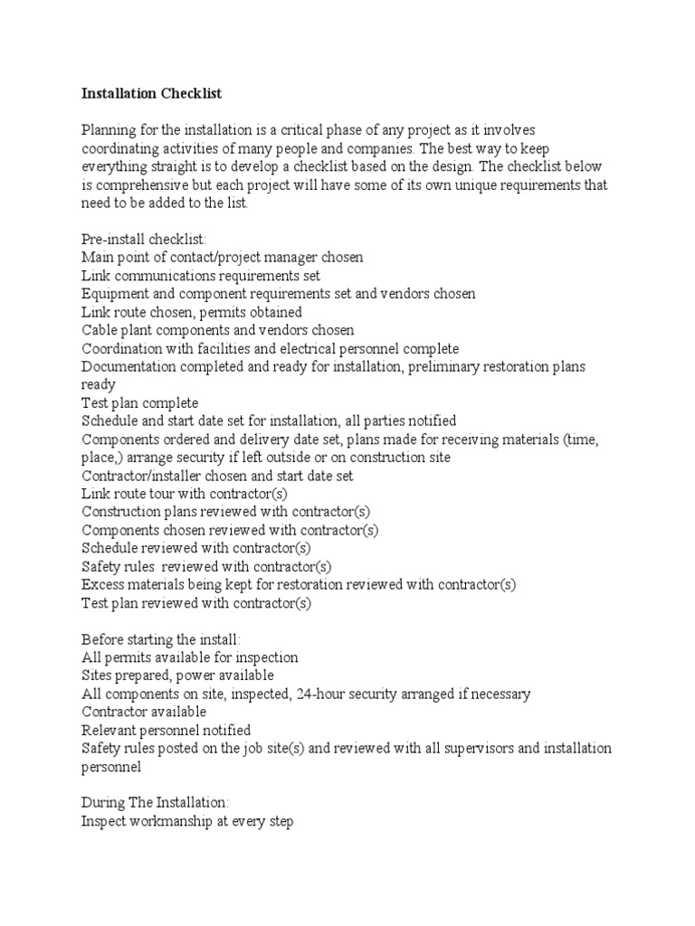 Fibre Optic - Installation Checklist | PDF | Optical Fiber | Cable ...