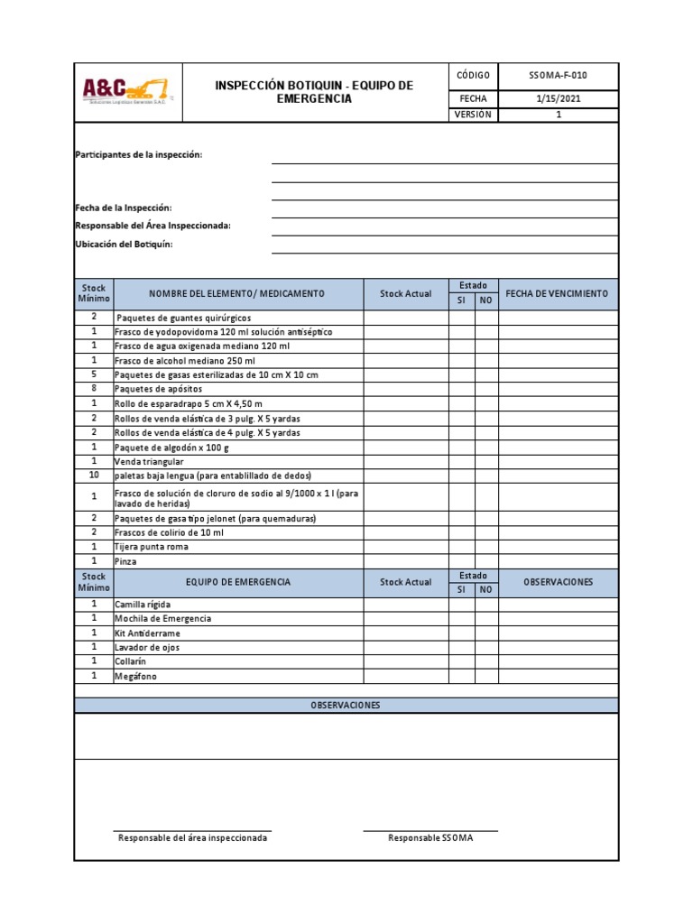 SSOMA-F-010 Inspección de Botiquín y Equipo de Emergencia | PDF SSOMA-F-010 Inspección de Botiquín y Equipo de Emergencia | PDF