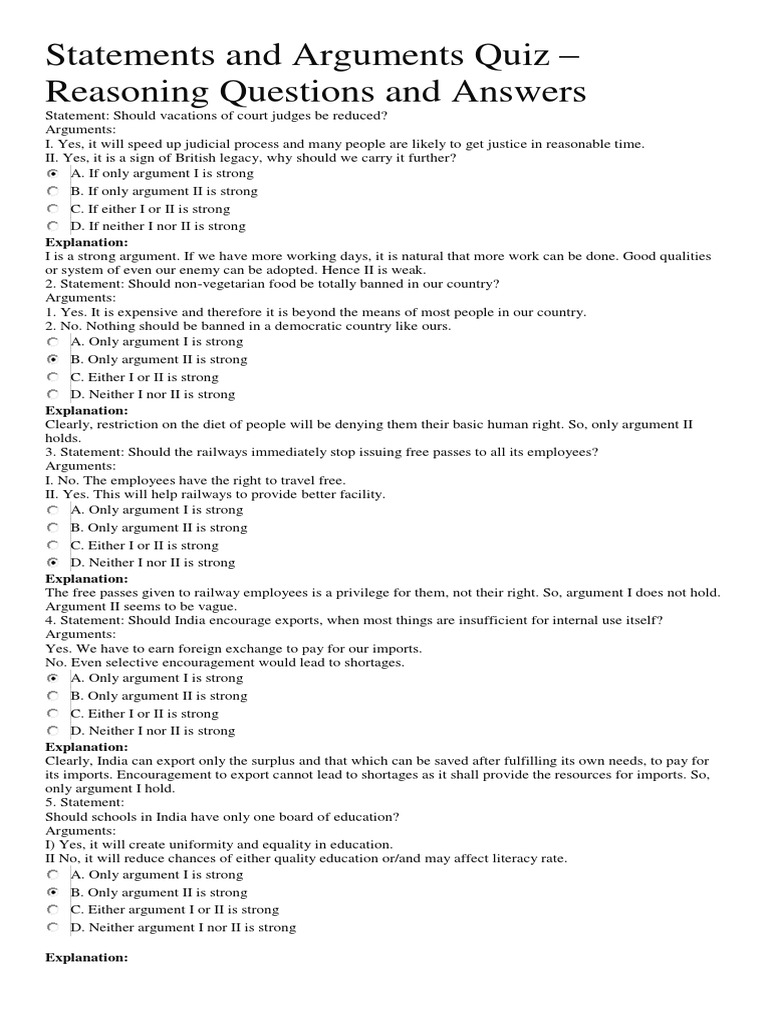Statements and Arguments Quiz - Reasoning Questions and Answers | PDF ... Statements and Arguments Quiz - Reasoning Questions and Answers | PDF ...