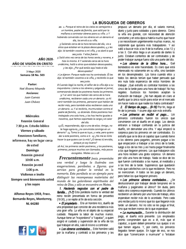 La parábola de los obreros de la viña | PDF | Oración | Cristo (título)