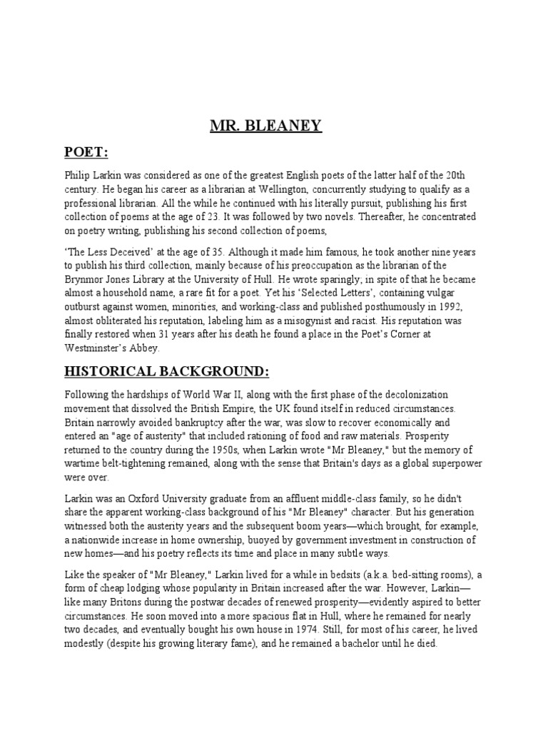 Mr. Bleaney Poem | Download Free PDF | Poetry