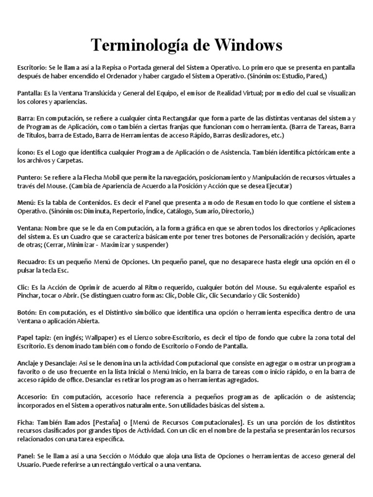 Vocabulario de Windows | PDF | Ventana (informática) | Informática