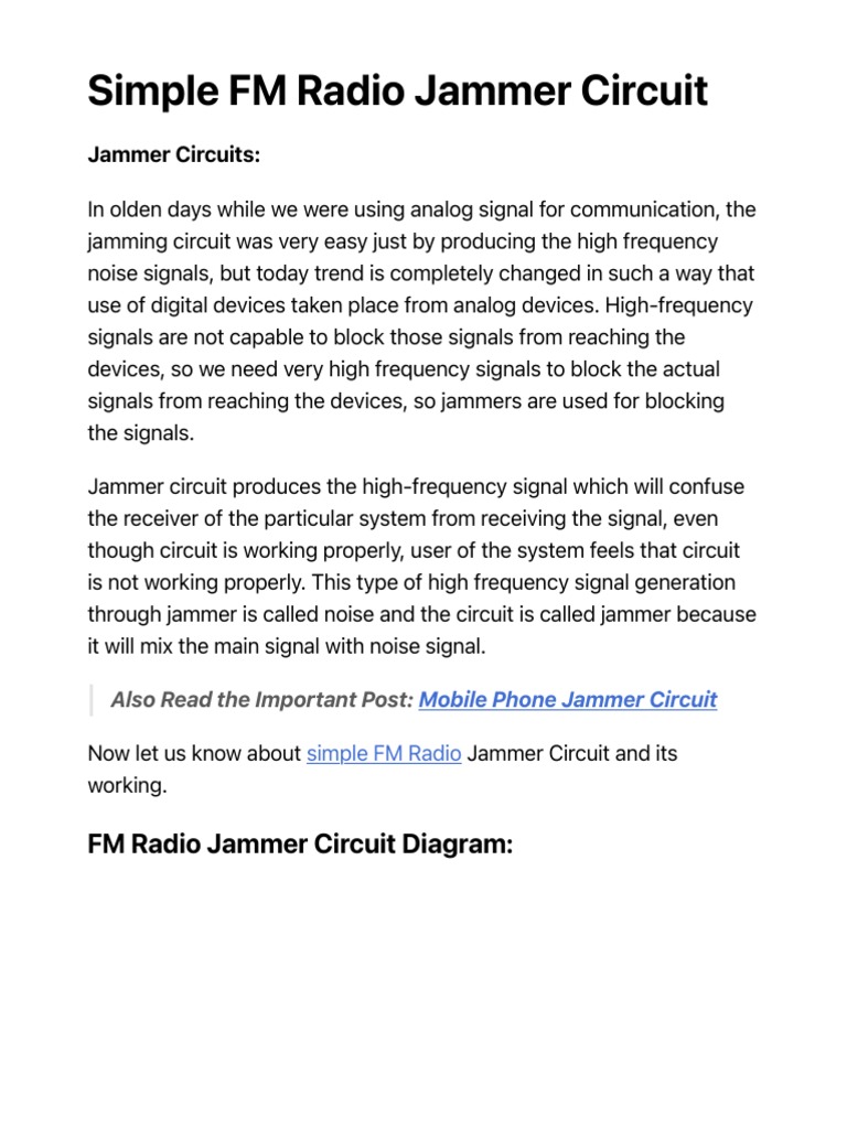 Simple FM Radio Jammer Circuit Working and Applications | PDF ...