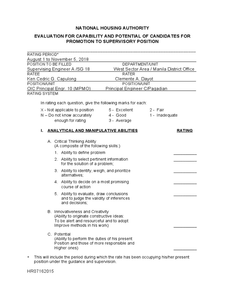 Evaluation Form Capability & Potential | PDF | Behavior Modification | Cognition