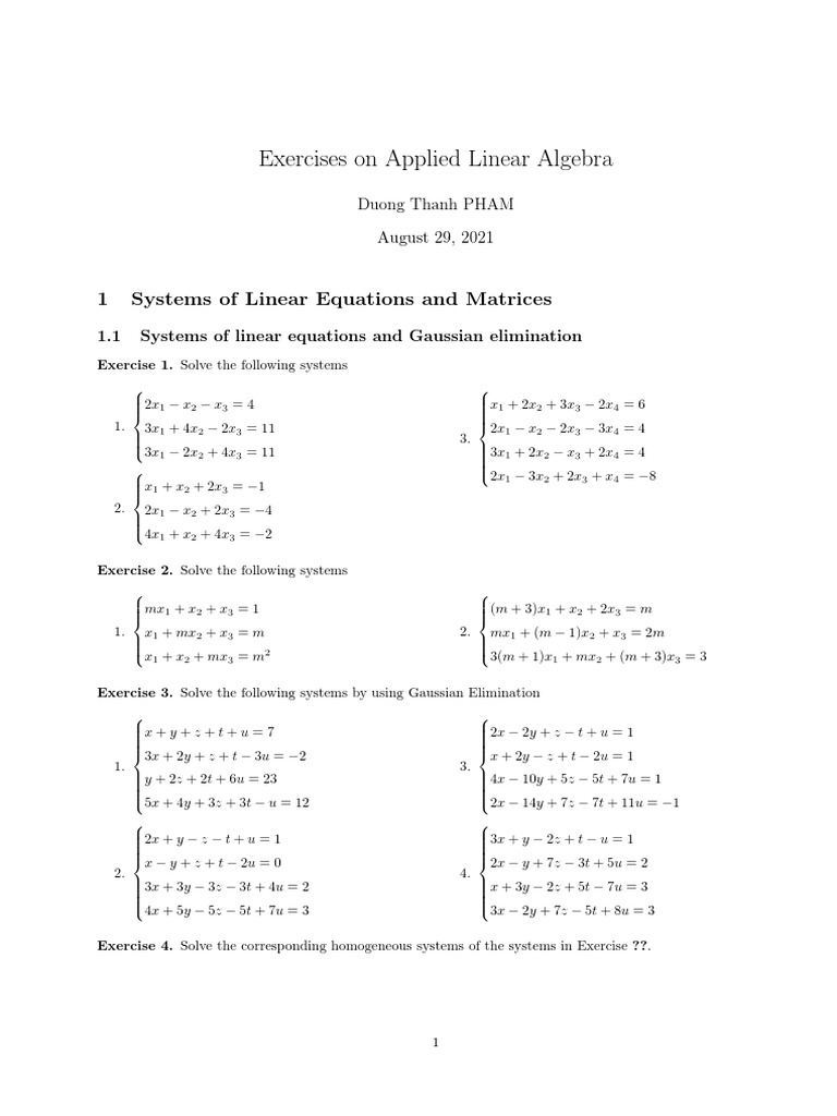 Exercises On Applied Linear Algebra: 1 Systems of Linear Equations and Matrices | PDF ...