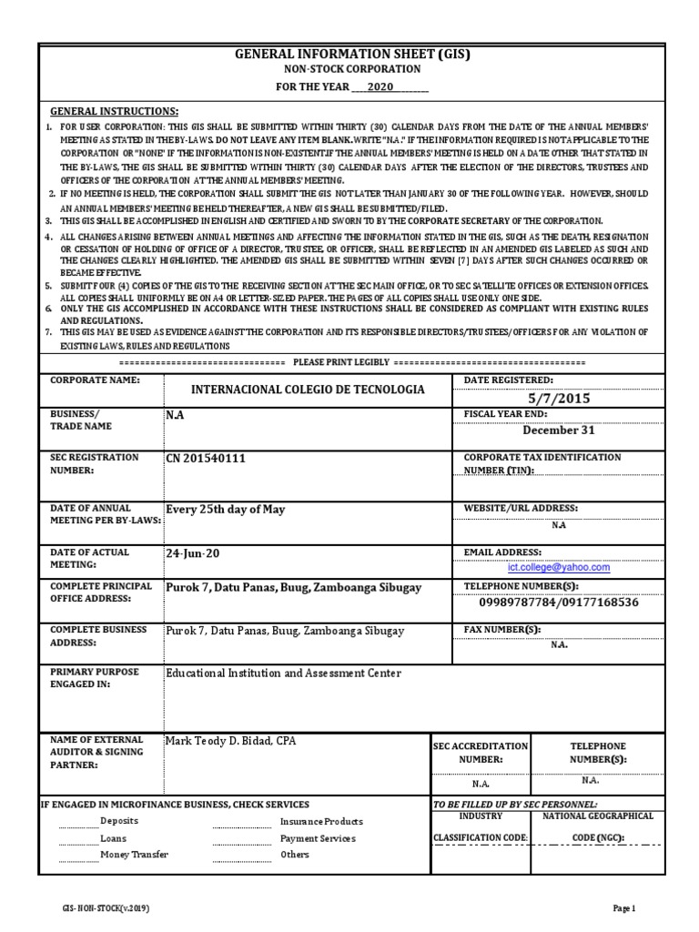 General Information Sheet (Gis) : FOR THE YEAR - 2020 - Non-Stock ...