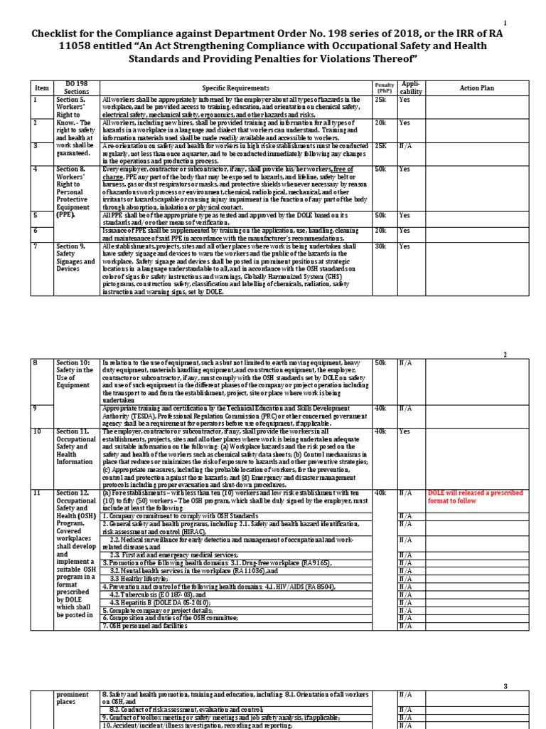 Checklist For DO 198 (IRR of RA 11058) | PDF | Occupational Safety And ...