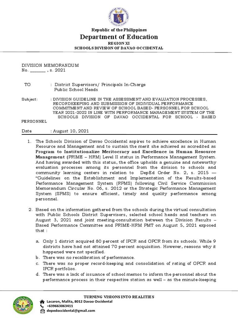 Memo For School Based Personnel Submission of Opcr Ipcr | PDF ...