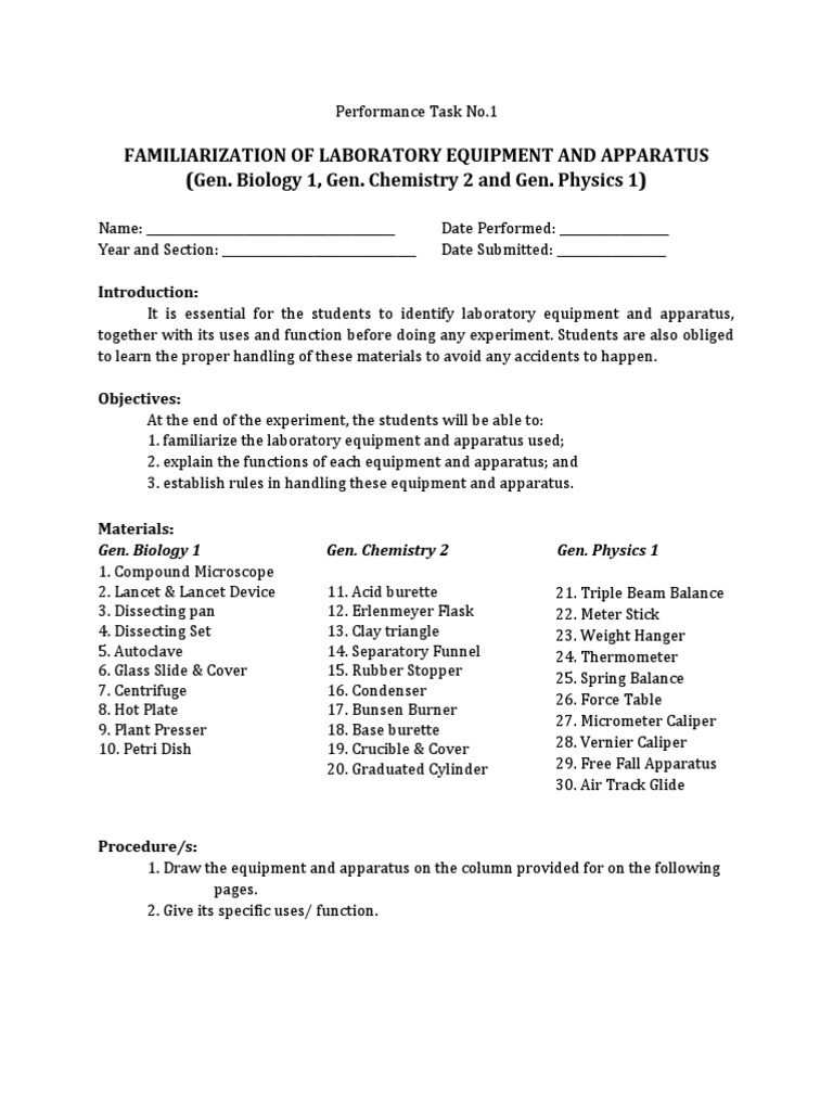 Familiarization of Laboratory Equipment and Apparatus (Gen. Biology 1, Gen. Chemistry 2 and Gen ...
