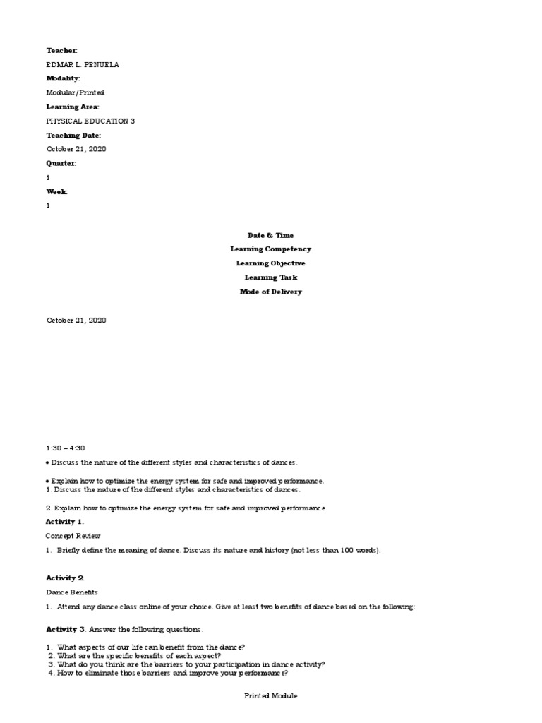 Physical Education Dance Module | PDF | Physical Education | Learning